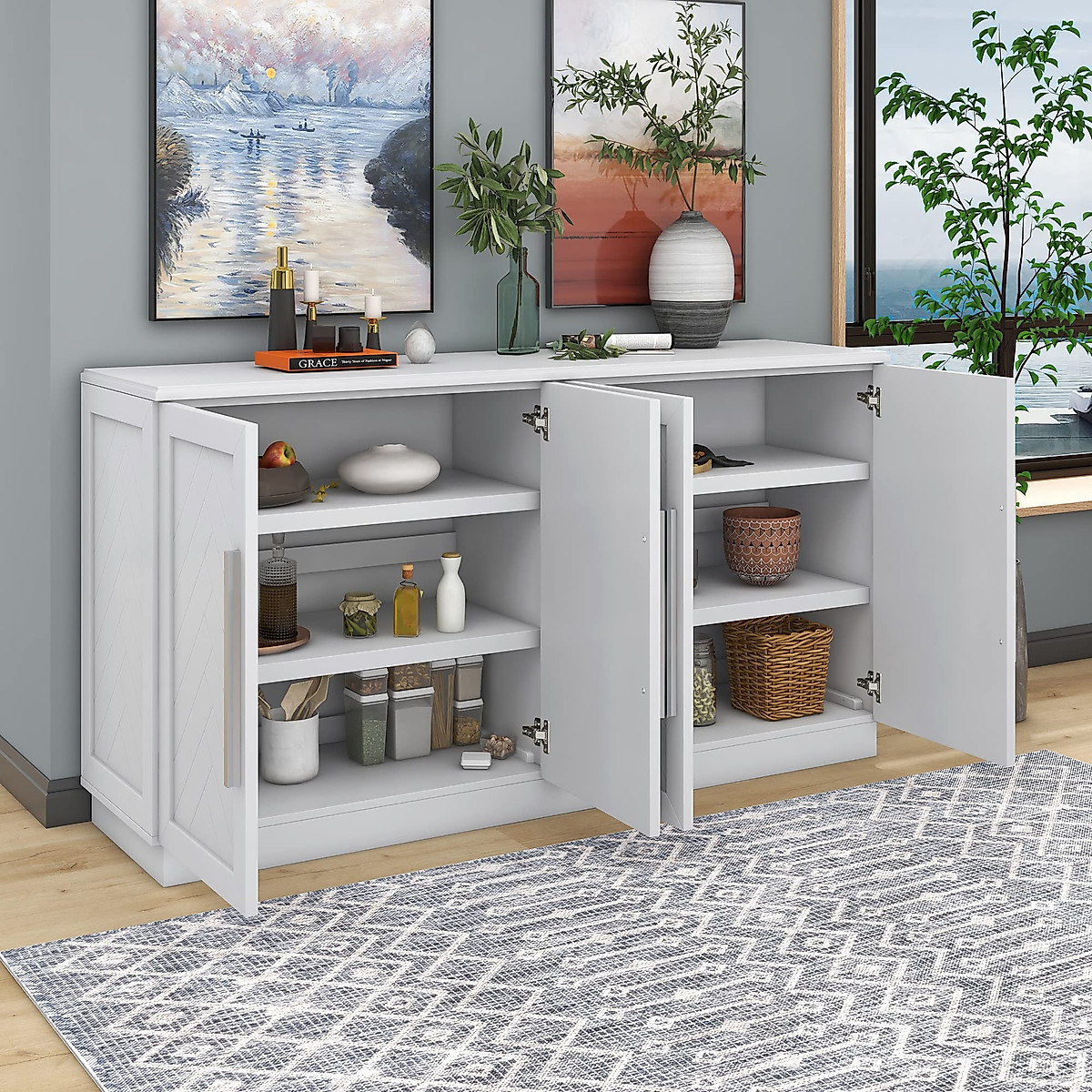 Knocbel Modern Buffet Sideboard Storage Cabinet with 4 Doors and 4 Adjustable Shelves, Entryway Hallway Foyer Long Console Table Cupboard Coffee Bar Cabinet (White)