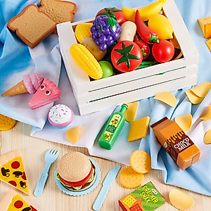 JOYIN 135Pcs Kids Play Food Set, Value Pretend Food for Play Kitchen with Fruit, Vegetable, Food Can, Dessert, Tableware, Bottles, Dramatic Plastic Food Toys for Toddler Boys Girls 3+ Years