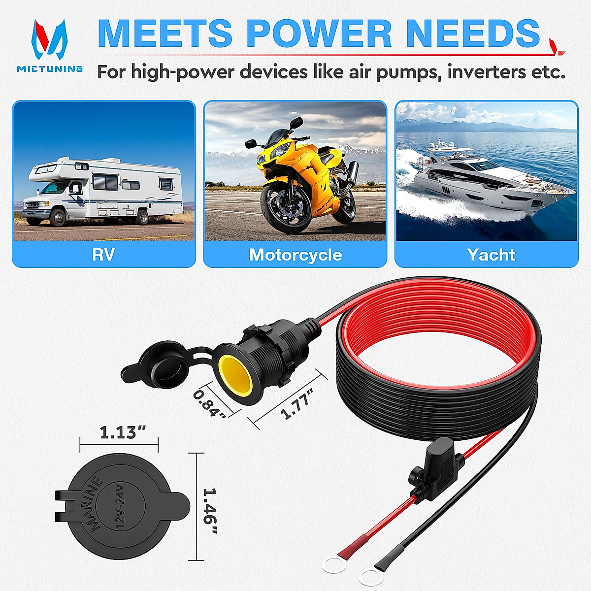 MICTUNING 12ft Car Female Cigarette Lighter Plug Extension Cable 12AWG 12V 24V with Threaded Socket to 0.33" Ring Eyelet Terminals, Battery Cord with Inline Blade Fuse 25A 20A