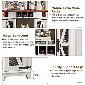OKD Corner Bar Storage Cabinet, 72" Tall Farmhouse Wine Bar Cabinet w/Barn Door & Adjustable Shelves, Home Bar Cabinet w/LED Lights & Glass Rack for Dining Room, Living Room, Kitchen, Antique White