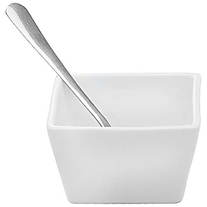 White Ceramic Appetizer Condiment Relish Serving Bowl Set of 4 With Spoons & Stainless Steel Tray (Modern Square)