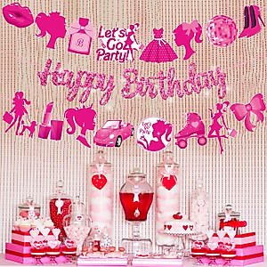 Hot Pink Girl Happy Birthday Banners Glitter Pink Birthday Party Decorations for Girls Hot Pink Princess Ladies Party Decorations for Bachelorette Bridal Shower Party Supplies