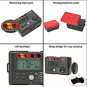 Insulation Resistance Tester, Ohm Meter, 100V/250V/500V/1000V Voltmeter 0 to 5G ohm Meter Megohmmeter, Ground Resistance Tester 2000 Counts LCD Display with Backlight (UT501A)