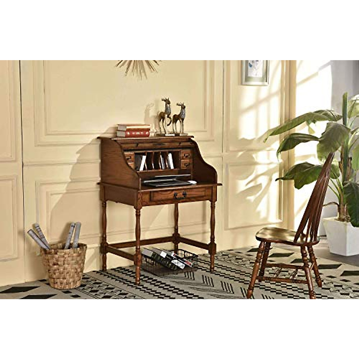 Mini Roll Top Desk Solid Oak Wood 32x 24x 44 Small Writing or Laptop Desk Burnished Walnut Finish Small Desk For Home Office, Kitchen, Bedroom, Living Room, Den Great Bill Paying Desk