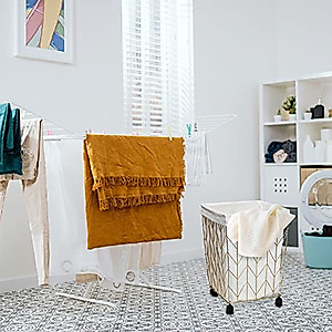 SEDLAV Metal Laundry Hamper with Wheels, Gold & Natural, Square Chevron Pattern