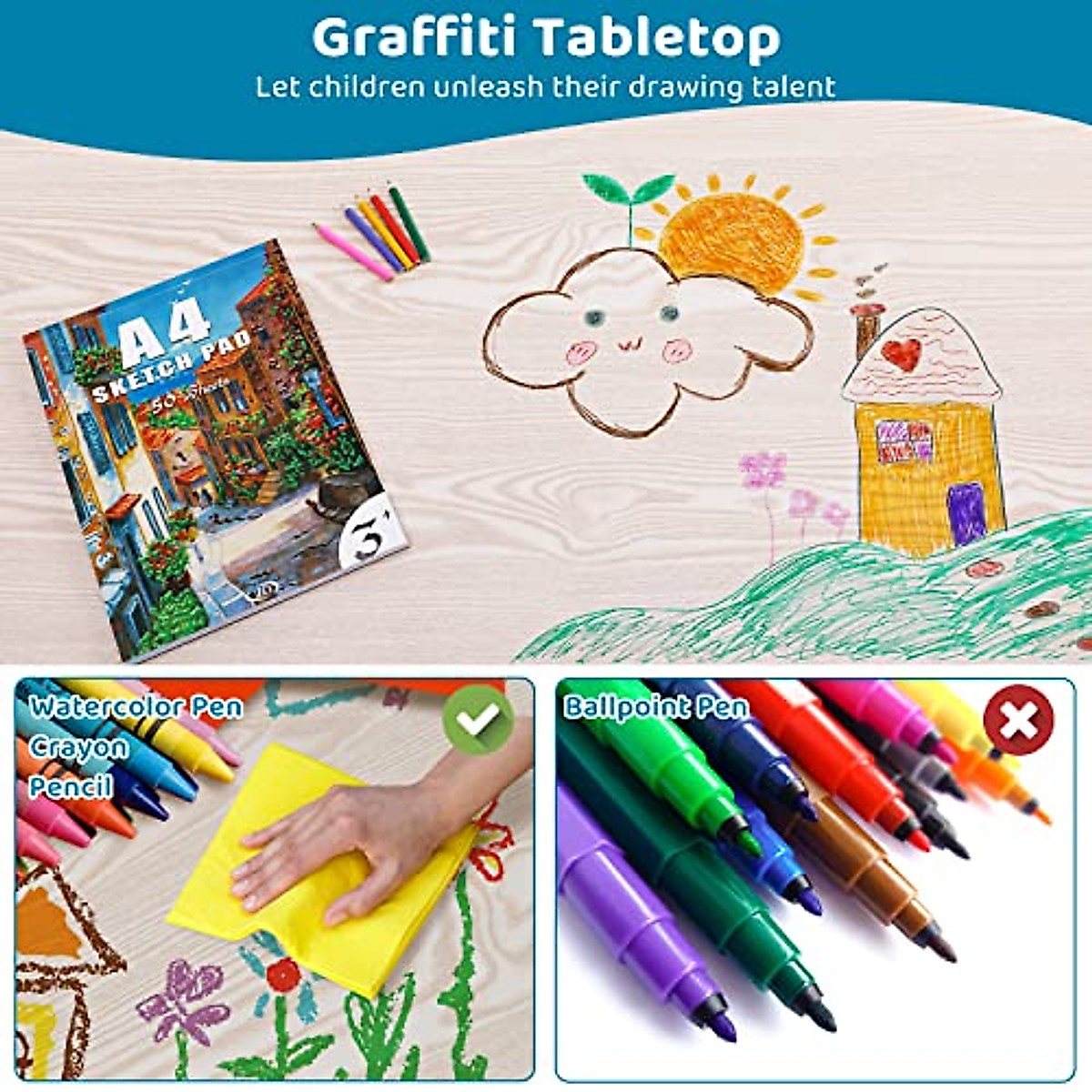 AuAg 47.2‘’ Kid Table and 4/6 Chairs Set, Height Adjustable Toddler Study Table&Chair Set for Age 2-10, Multi-Activity Art Table W/Graffiti&Scrubtable Desktop, for Daycare, Classroom, Home