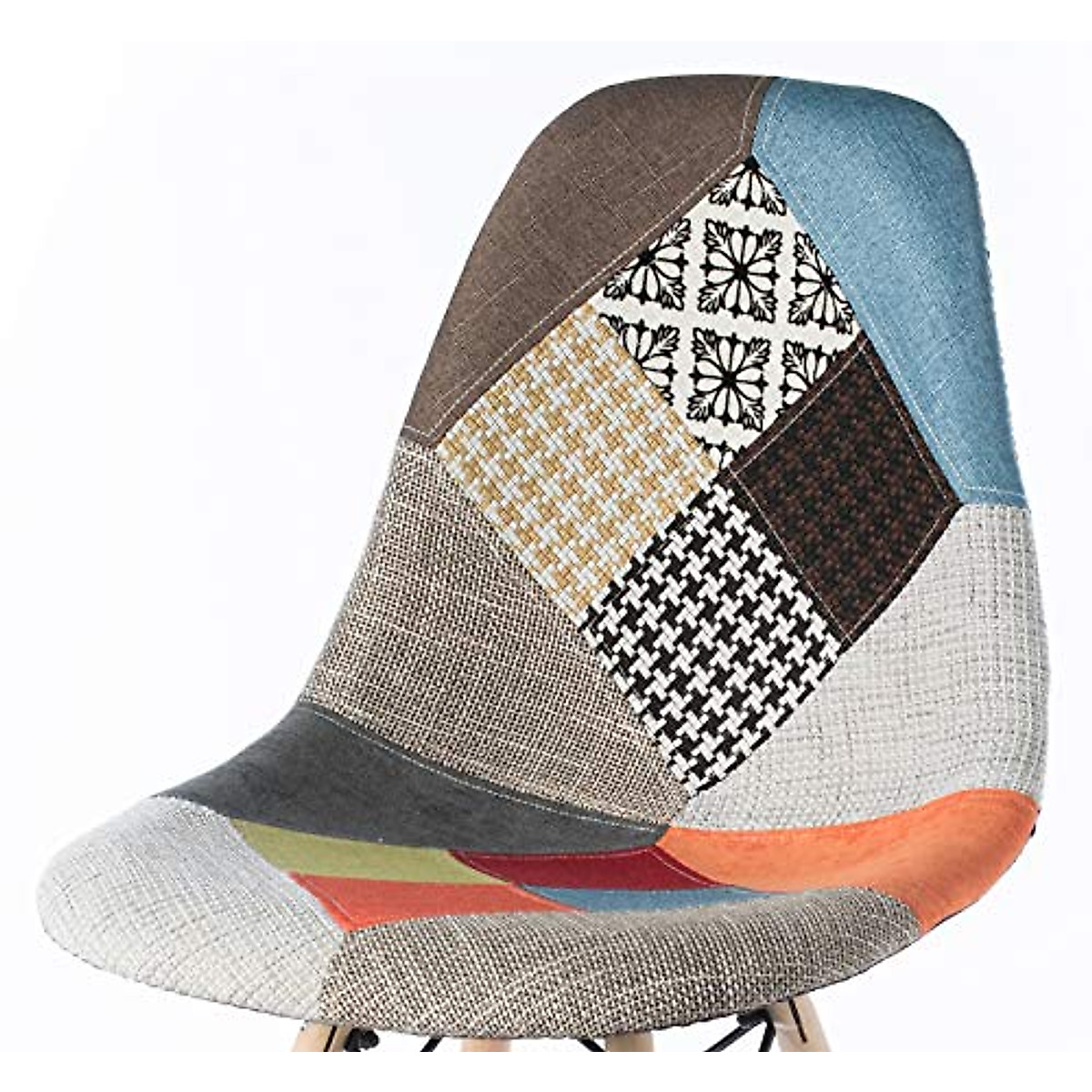 Mid-Century Modern Upholstered Plastic Multicolor Fabric Patchwork DSW Shell Dining Chair with Wooden Dowel Eiffel Legs