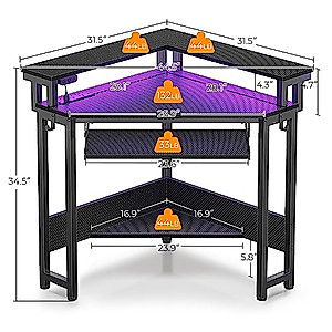 Rolanstar Corner Desk, 44.5" W x 34.5" H Small Carbon Fiber Computer Desk with Power Outlets, LED Lights and Keyboard Tray, Small Office Computer Desk with Monitor Stand for Small Space, Carbon Black