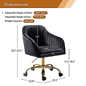 HULALA HOME Velvet Home Office Desk Chair, Modern Cute Computer Task Chair, Wheels Swivel Height Adjustable Upholstered Vanity Chair for Women, Girls (Gold Base, Black)