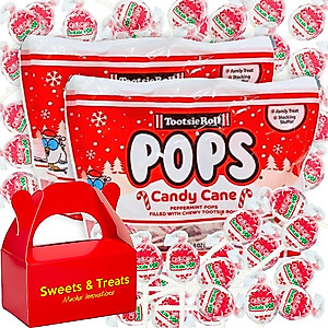 Candy Cane Lollipop | Peppermint Pops Filled with Chewy Tootsie Roll | Gluten & Peanut Free | Christmas Holiday Snack Stocking Stuffer Beverage Stirrer Craft Deco Gift | Muchai Treat Box (2 Bags)