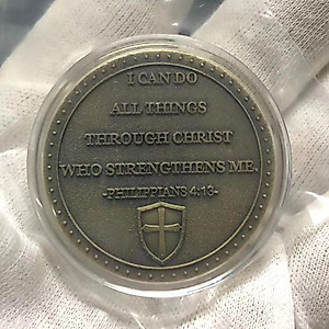The Task Ahead Christian Challenge Coin Featuring A Fully Armored Warrior and Scripture John 4:4, Bible Verses Pocket Token (Single Coin)