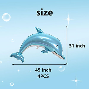 Siticoto 4 Pcs Dolphin Balloons, 45 Inch Giant Dolphin Shape Foil Mylar Balloons for Ocean Animal Theme Party Birthday Baby Shower Supplies, Wedding Party Office Hotel Event Decorations