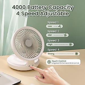 EDON Table Fan, Rechargeable Battery Operated Desk Fan with Auto Oscillation 90 Foldable Ultra Quiet 4 Speeds Light, Portable Air Circulator Fan with Hook, Wall Fan for Bedroom Home Desktop