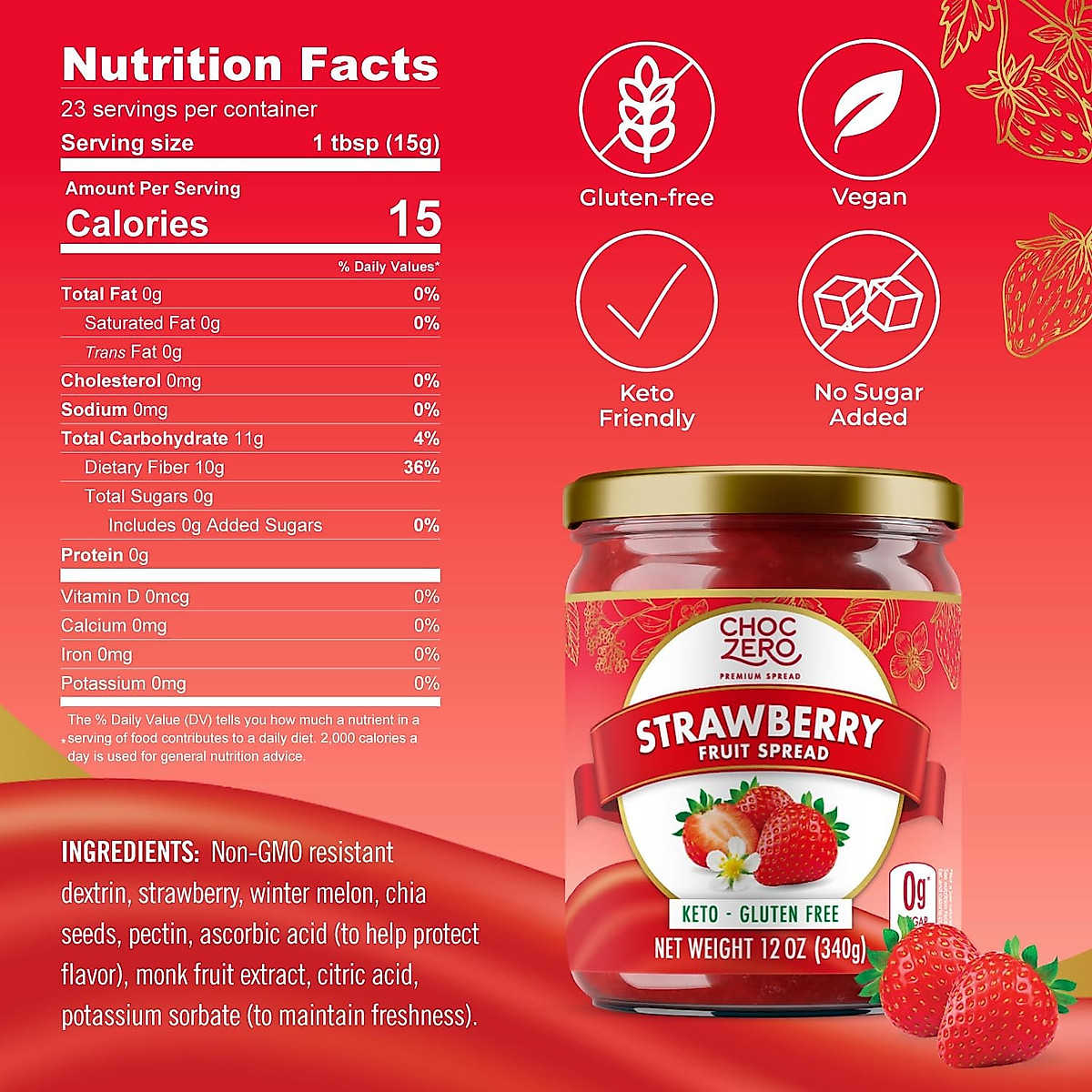 Keto Strawberry Jam, No Sugar Added - Monk Fruit Sweetened, Gluten Free Spread from ChocZero, 12 oz