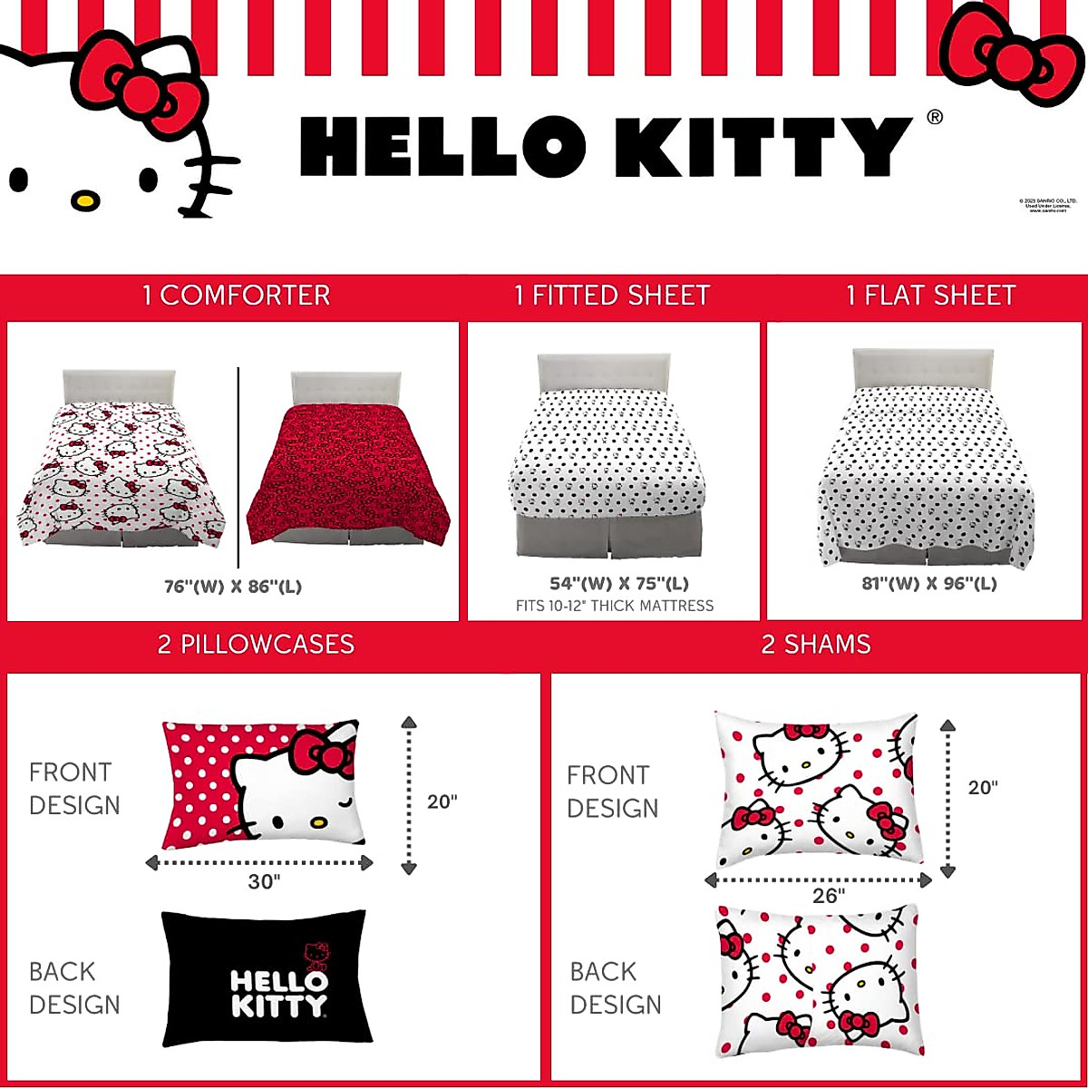 Franco Sanrio Hello Kitty Polka Dot Bedding 7 Piece Super Soft Comforter and Sheet Set with Sham, Full, (100% Official Licensed Product) Collectibles