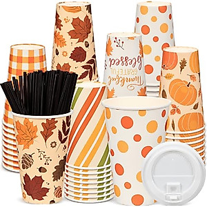 Umigy 120 Pack Fall Paper Coffee Cups 16 oz Thanksgiving Paper Hot Cup Coffee Cups Disposable with Lids and Stirrers Beverage Drinking Cup with 6 Designs for Juice Water Coffee Tea for Home Shops