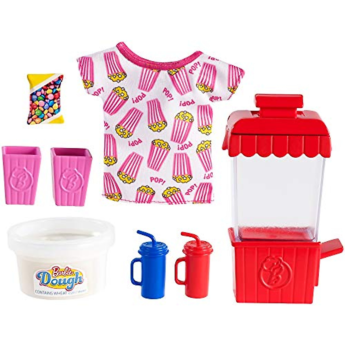 Barbie Cooking & Baking Accessory Pack with Popcorn-Themed Pieces, Including T-Shirt for Doll, Popcorn Machine Mold & Container of Molded Dough, Ages 4 Years Old & Up, Multi