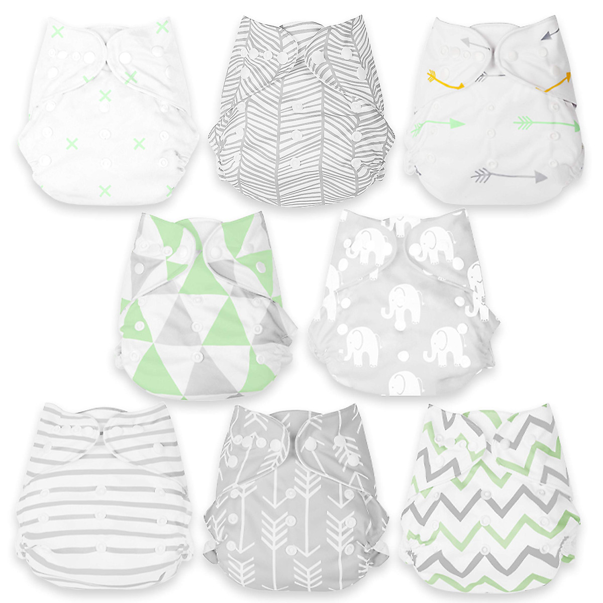 GGT Cloth Diapers (Updated Quality) - 8 Reusable Cloth Diapers for Babies with 8 Cloth Diaper Inserts – Extra Leg