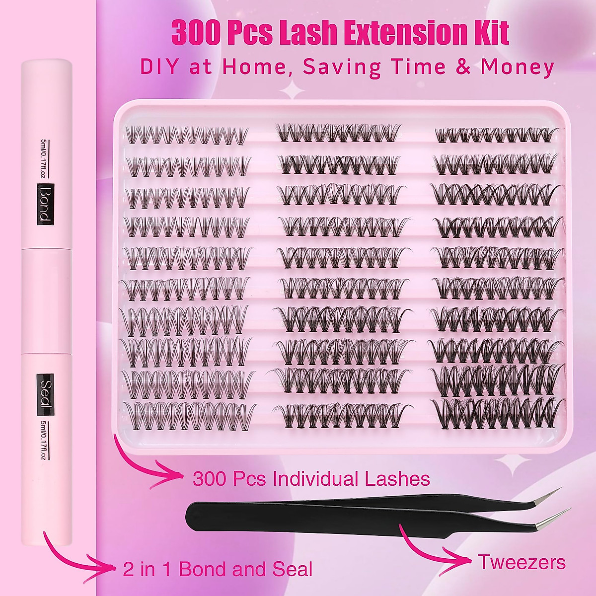 Eyelash Extensions Kit 300 Pcs Lash Clusters Individual Lashes with Strong Hold Lash Bond and Seal and Cluster Eyelashes Applicator Tool (20D/30D/40D)