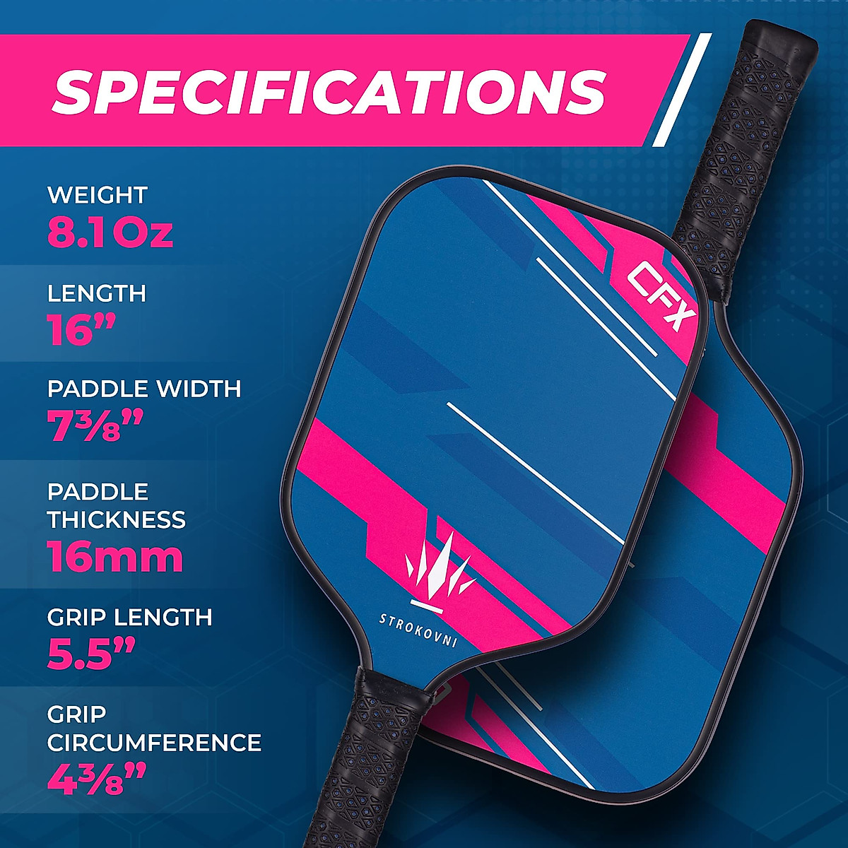 Strokovni CFX Premium Pickleball Paddle | STK Carbon Fiber | Elongated Handle | 16mm Thickness | USAPA Compliant | LITE Weight 8.1 Oz