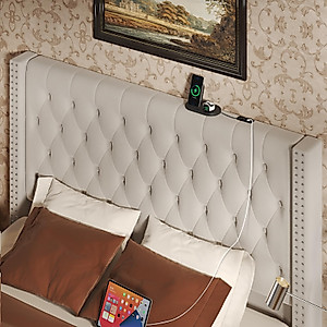 CIKUNASI Velvet Upholstered Bed Frame Queen with Headboard and Storage, Tall Bed Frame with 2 Drawers, Tufted Wingback Bed Frame Queen Size LED Light, Charging Station, No Box Spring Needed, Cream