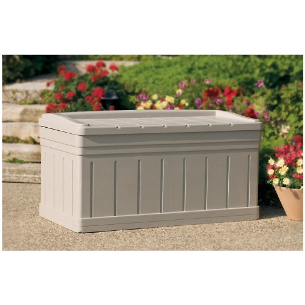 Suncast DB9750 129 Gallon Large Waterproof Outdoor Storage Container for Patio Furniture, Pools Toys, Yard Tools Extended Deck Box, H27 1/2, w/Lid and Seat, Taupe
