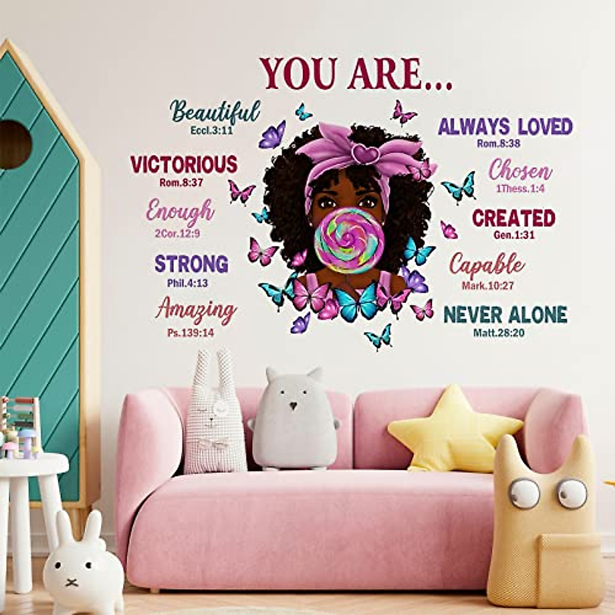 Mfault Black Girl Magic You are Beautiful Inspirational Wall Decals Stickers, Religious Quote Lollipop Butterfly Nursery Decoration African American Bedroom Art, Positive Afro Kid Teen Room Home Decor