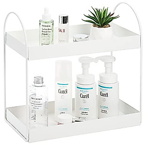 Hacaroa Bathroom Countertop Organizer with Handle, 2 Tier Kitchen Spice Rack Standing Shelf, Metal Cosmetic Makeup Storage Holder Vanity Tray Stand for Cabinet, Under Sink, White