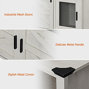 WAMPAT Farmhouse Buffet Cabinet, Rustic Sideboard with Sliding Barn Doors, 59" Coffee Bar Storage Cabinet with Mesh Doors, Antique White Cupboard Table for Kitchen, Dining Room, Living Room