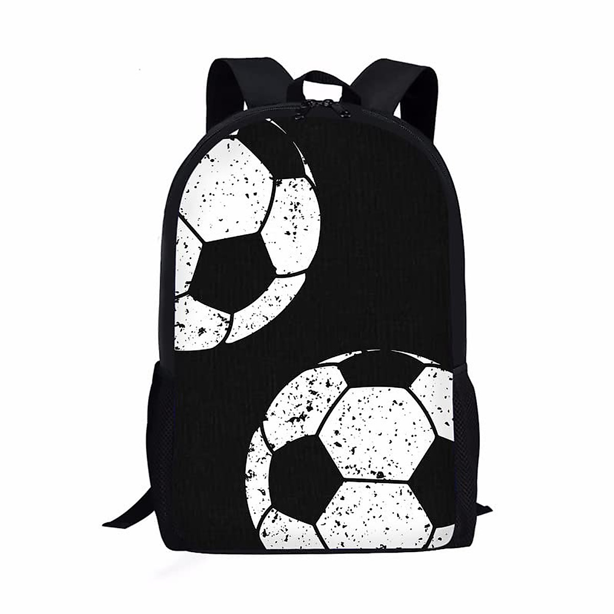 Howilath Custom Soccer Ball Pattern Black 3 Pcs School Backpack Set for Teen Boys Girls 17 Inch Shoulder Bookbag Lunch Box with Pencil Case