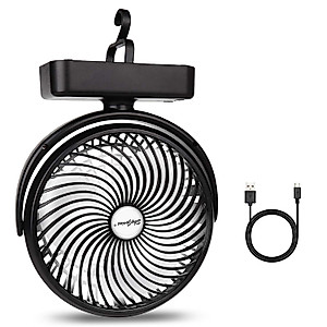 7-Inch Camping Fan with LED Lantern, 5000mAh Rechargeable Battery/USB Operated Fan with Hanging Hook for Tent Car RV