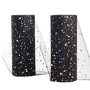 BENECREAT 2 Rolls Glitter Sequin Tulle Netting Fabric Tulle 6" by 25 Yard for Wedding Party Decoration, Tutu Skirts Sewing Crafting - Black