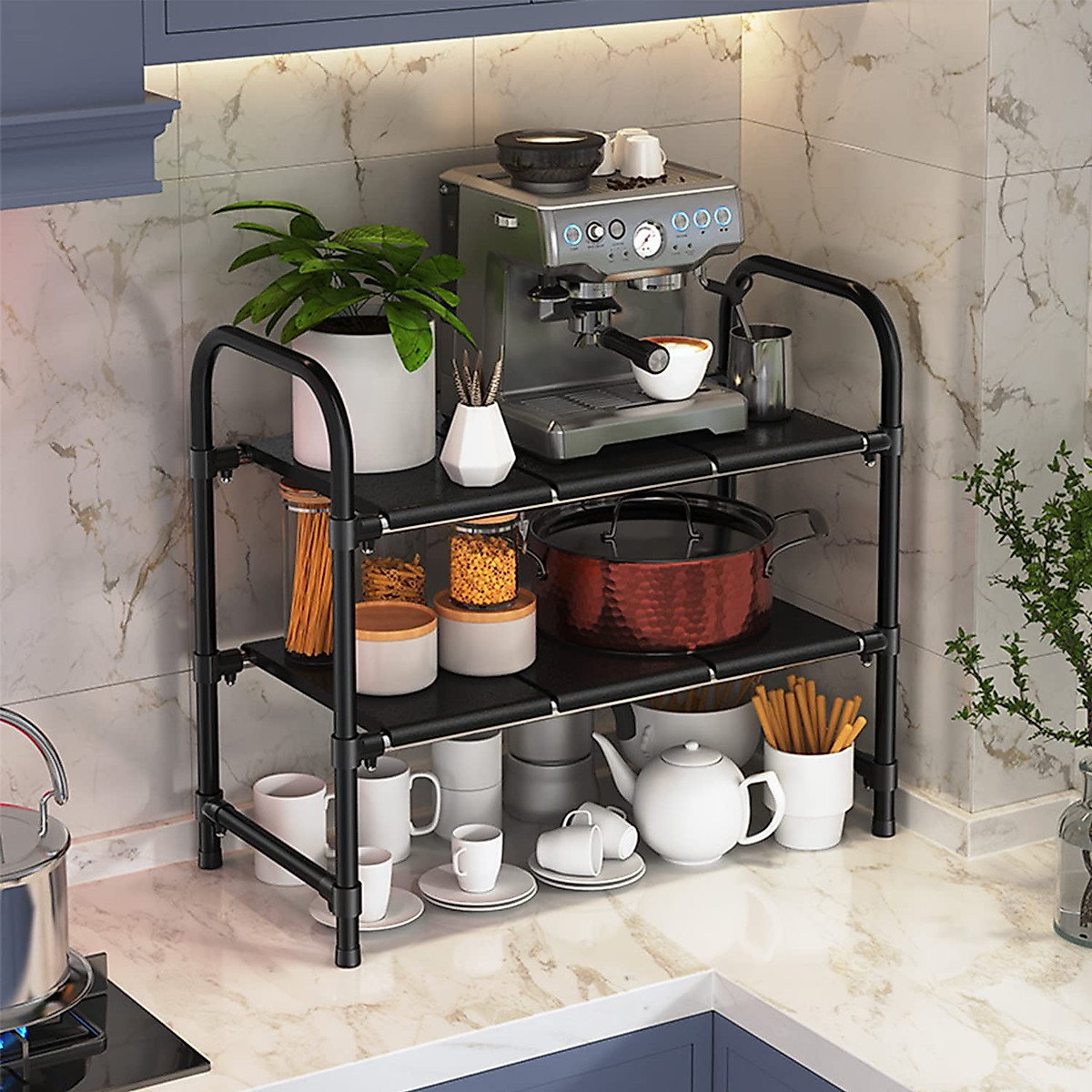 Under Sink Organizer, NEWRAIN 2-Tier Expandable Cabinet Shelf Organizer with Removable Panels, Multi-Use for Under Kitchen Bathroom Sink Organizers and Storage