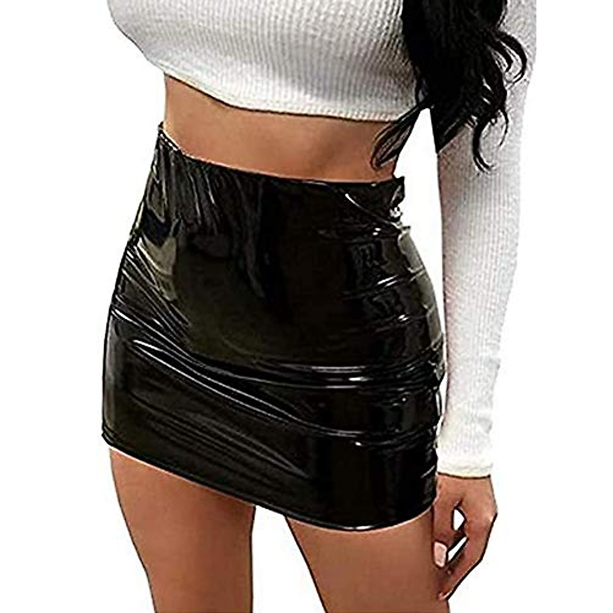 Michellecmm Women's Neon Leather Mini Skirt PU Bodycon Pencil Sexy Slim High Waist Elastic Pencil Latex Skirt Party Clubwear (Aa Black, M)
