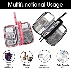 Tildaks Travel Electronic Organizer Pouch Bag, 3 Compartments Portable Electronic Phone Accessories Storage Multifunctional Case for Cable, Cord, Charger, Hard Drive, Earphone(Pink)