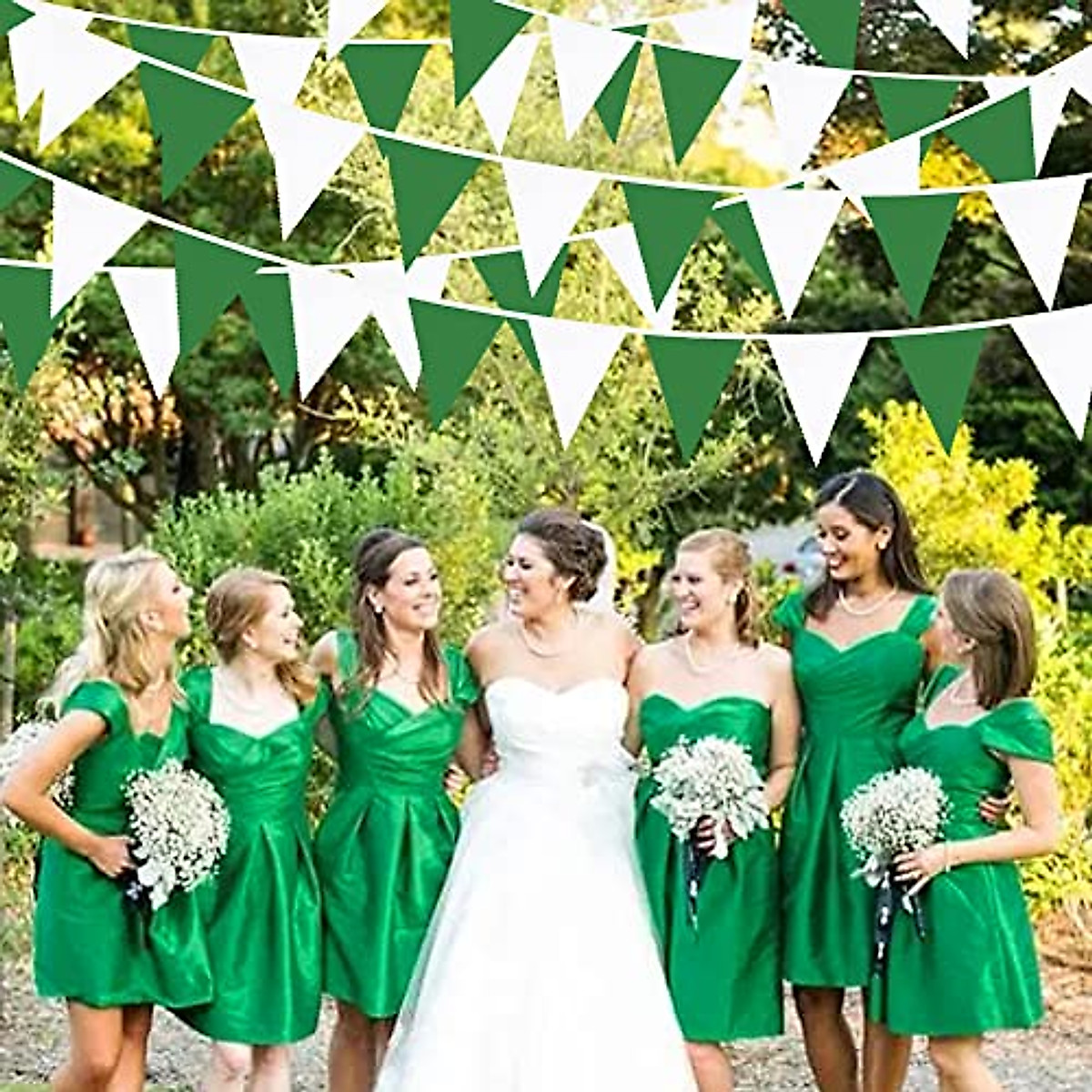32Ft Green and White Banner Party Decorations Triangle Flag Fabric Banner Cotton Pennant Bunting Garland for Christmas Wedding Birthday Home Nursery Outdoor Garden Hanging Festivals Decoration
