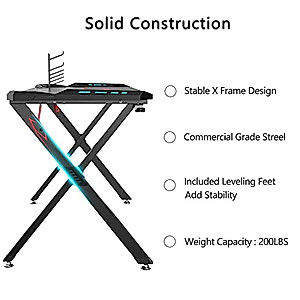 EUREKA ERGONOMIC Gaming Desk with RGB LED Lights, 45 Inch Gamer Desk PC Gaming Computer Desk Gaming Table Workstation W Free Mouse Pad, Controller Stand,Cup Holder and Headphone Hook,Black