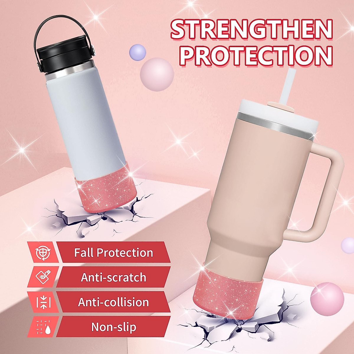 WUQID Protective Bling Silicone Boot Sleeve, Compatible with Stanley Tumbler 20-40oz & Hydro Flask Bottle 12oz-24oz, Glitter Reduces Dents Sleeve Cover for More Bottles/Tumblers Bottom of 2.83-2.95in