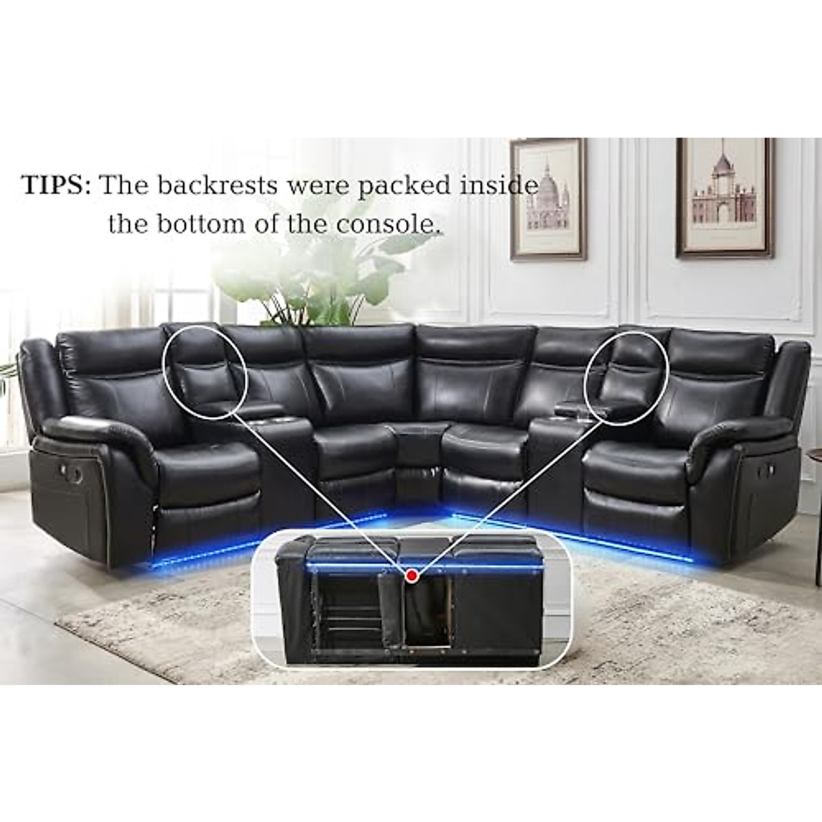 ELIASER Manual Reclining Sectional Sofa with LED Light Recliner Faux Leather L-Shaped Reclining Sectional Couch Recliner Sofa Cup Holder,USB Port,Storage Console,5 Seater for Living Room Black