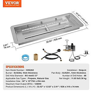 VEVOR 30 x 10 inch Drop-in Fire Pit Pan, Rectangular Stainless Steel Fire Pit Burner Kit,Propane Gas Fire Pan 125,000 BTU with H-Burner for Indoor or Outdoor Use