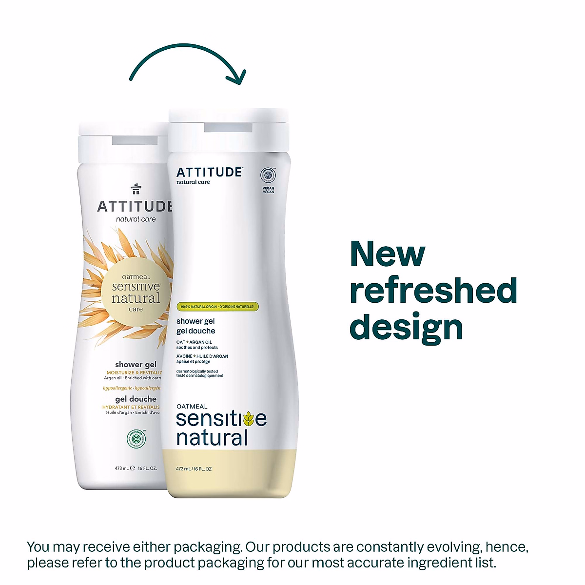 ATTITUDE Body Wash for Sensitive Skin with Oat and Argan Oil, EWG Verified, Dermatologically Tested, Vegan, 16 Fl Oz