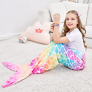 WERNNSAI Mermaid Tail Blanket - Wearable Mermaid Soft Blanket with Hairpin and Bracelet for Girls Kids Rainbow Soft Flannel Snuggle Blanket 55’’ x 24’’ Gift for Birthday Christmas