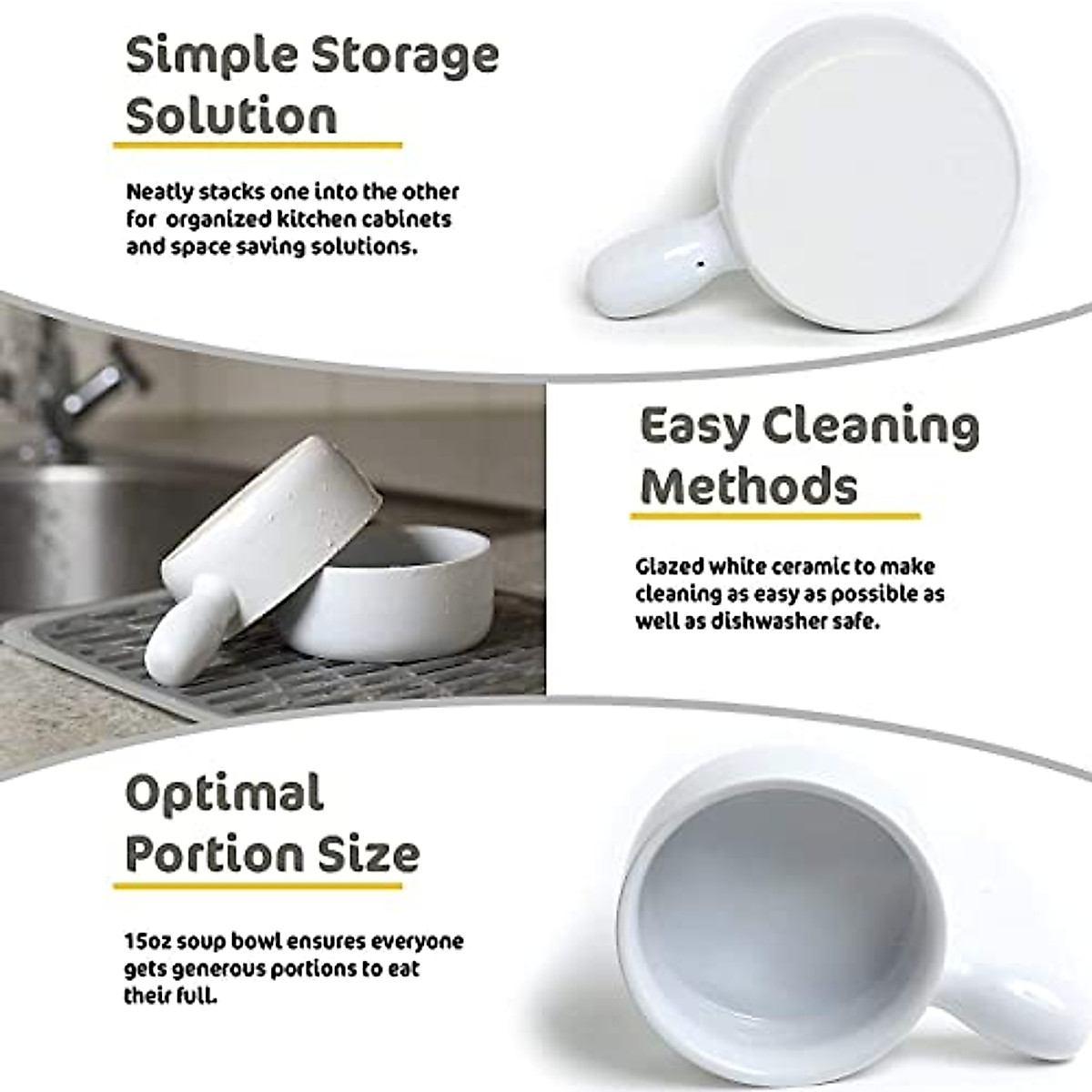 GOURMEX French Onion Soup Bowls with Handles | Stackable Ceramic Bowl Set | Ideal Cereal, Salad or Soup Mug | Microwave, Oven and Dishwasher Safe | Set of 4 (15 OZ)