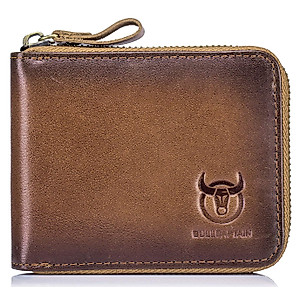 BULLCAPTAIN Mens Genuine Leather Zipper Wallet RFID Blocking Bifold Secure Zip Around Wallets Multi Credit Card Holder Purse (Handmade brown)
