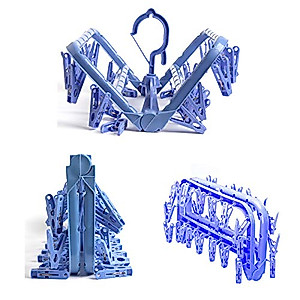 HAPY SHOP Foldable Laundry Hanger Drying Rack,Plastic Laundry Clip with 32 Clips,Clip Hanger Drip Drying Hanger Underwear Hanger with Clips for Socks, Bras, Lingerie, Clothes,Towel,Scarf,Blue