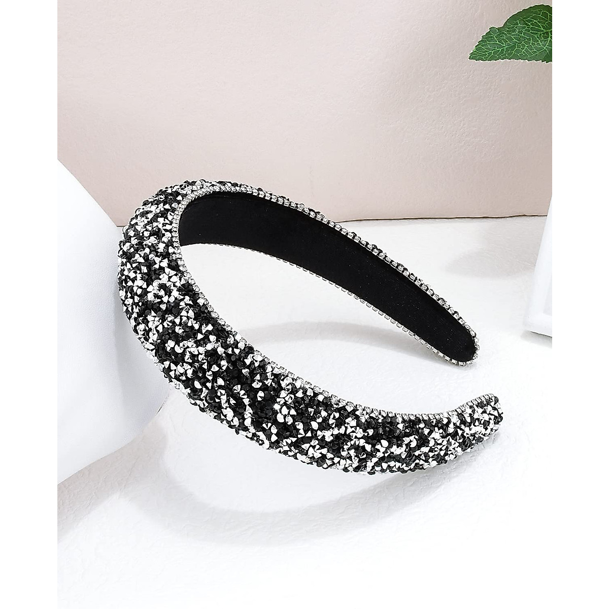 Wecoe Black Headband Rhinestone Headband Women Bling Diamond Padded Headband Glitter Sparkle Headbands Fashion Headbands Hair Accessories Gifts For Women Girls (Black & Silver)