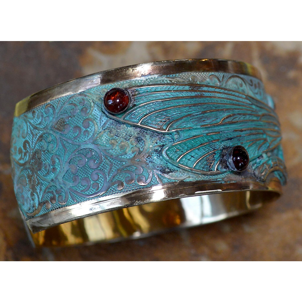Elaine Coyne Collectible Artwear Patina Dragonfly Cuff Bracelet - Genuine Amethyst and Garnet - USA Made