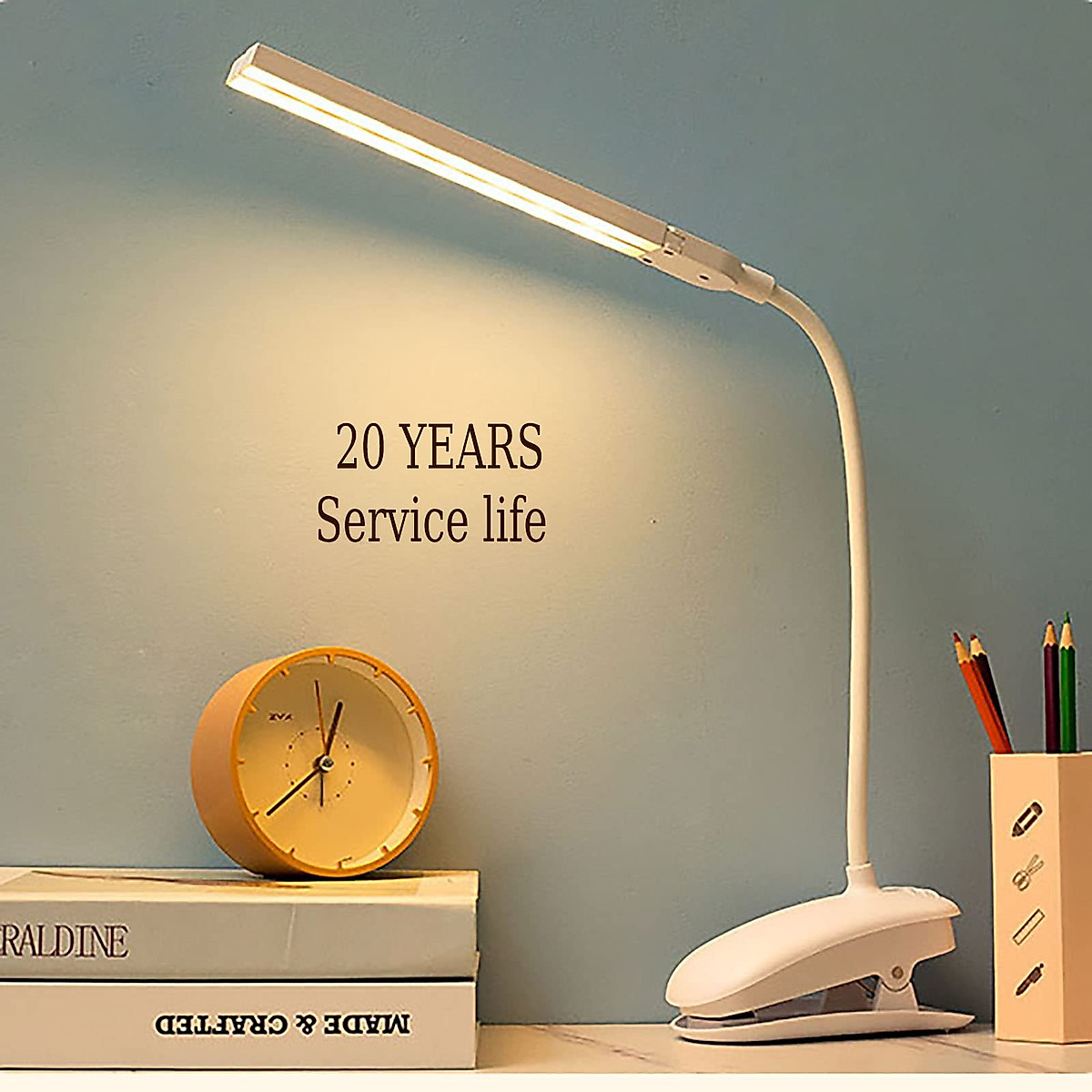 GcSige Dual Head LED Desk Lamp with Clamp, Eye-Caring Clip on Lights for Home Office, 3500mAh Rechargeable Battery Operated Table Lamps,3 Lighting Modes & Brightness Dimmer Light for Kids Students