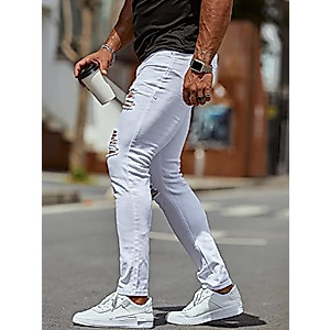 WDIRARA Men's High Waisted Ripped Skinny Jeans Long Denim Pants with Pocket White XXL