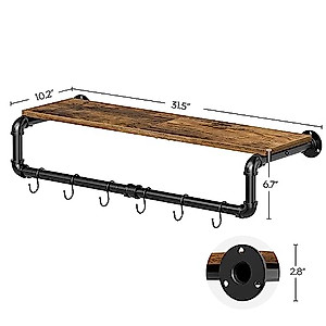 YATINEY Pipe Clothes Rack, 31.5 in Wall Mounted Garment Rack with Top Shelf, Industrial Clothing Rack, Heavy Duty Detachable, Space Saver Hanging Clothes Rack, Rustic Brown FS08BR